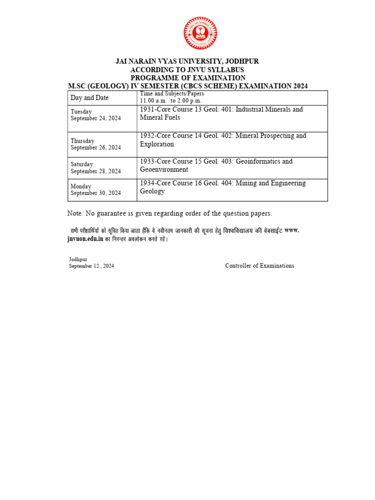 JNVU MSC Geology Exam Schedule | PDF