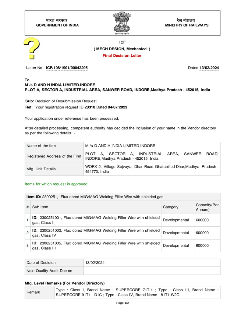 RDSO Approval - Flux Cored Wires | PDF