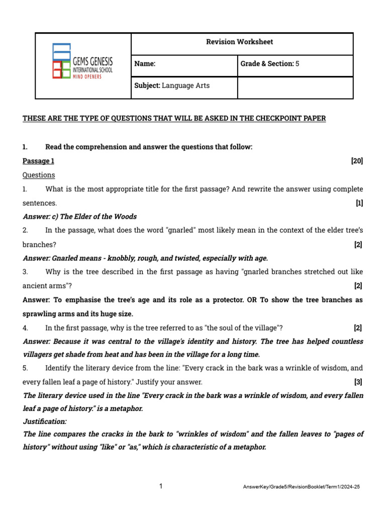 AnswerKey Grade5 RevisionBooklet Term1 2024-25 | PDF
