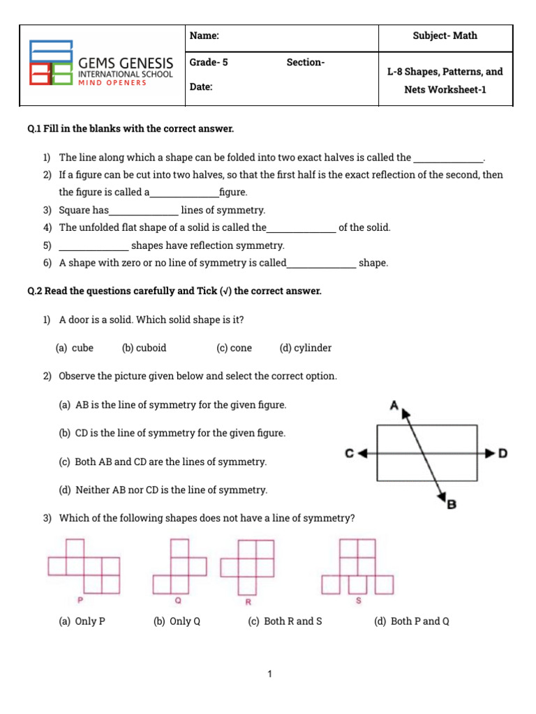 Gr-5 Math L-8 Shapes, Patterns & Nets Worksheet-1 | PDF