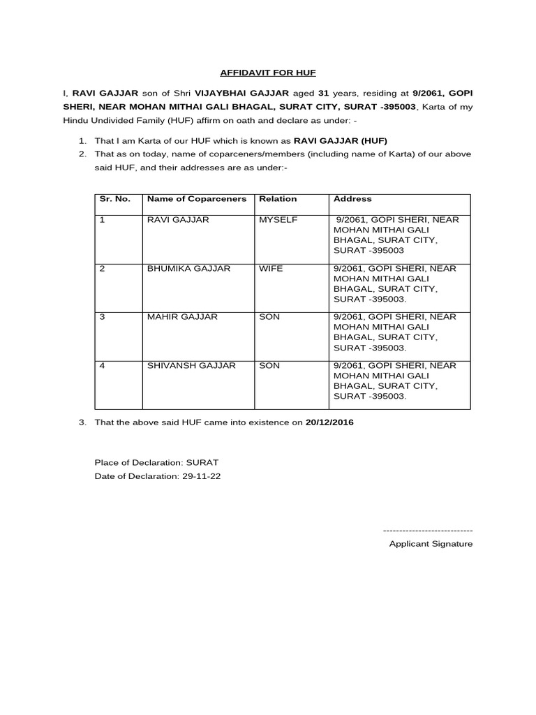 Affidavit For Huf Ravi Gajjar | PDF