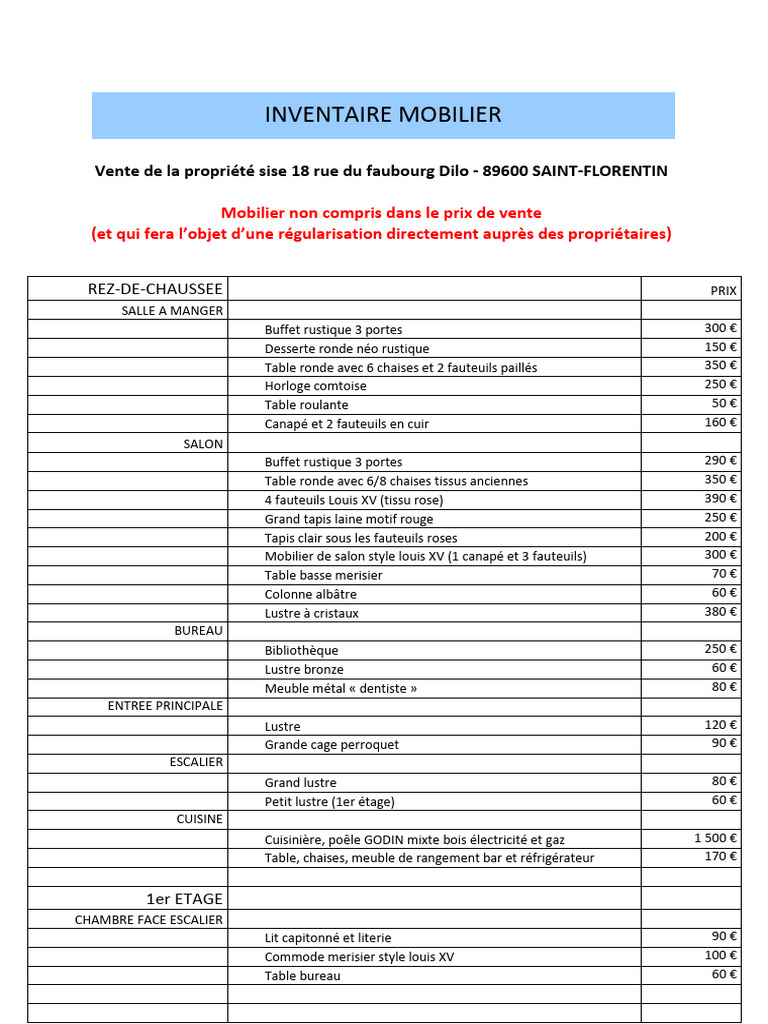 Inventaire Mobilier - en Sus de La Vente | PDF