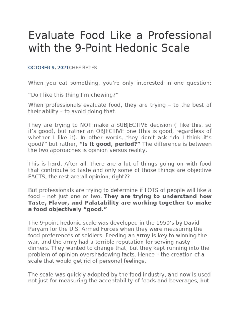 Evaluate Food Like A Professional With The 9 Point Hedonic Scale | PDF