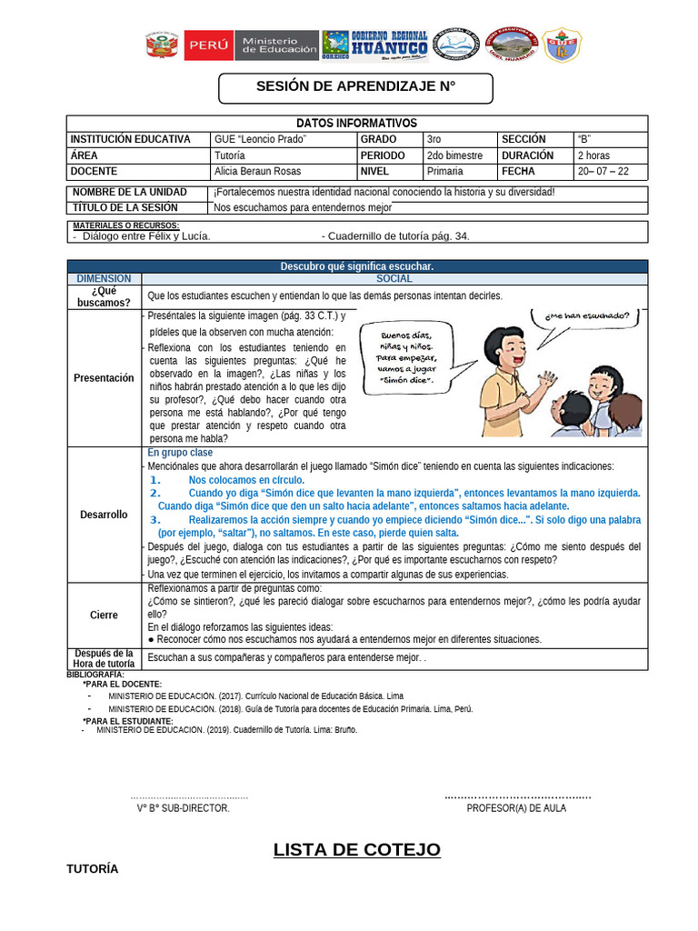 Sesión De Aprendizaje Tutoría Nos Escuchamos Para Entendernos Mejor