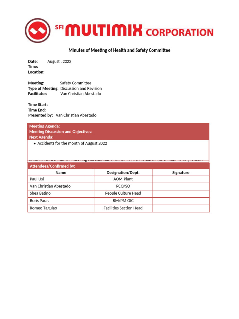 Safety Minutes of Meeting SFIMM (Date) | PDF