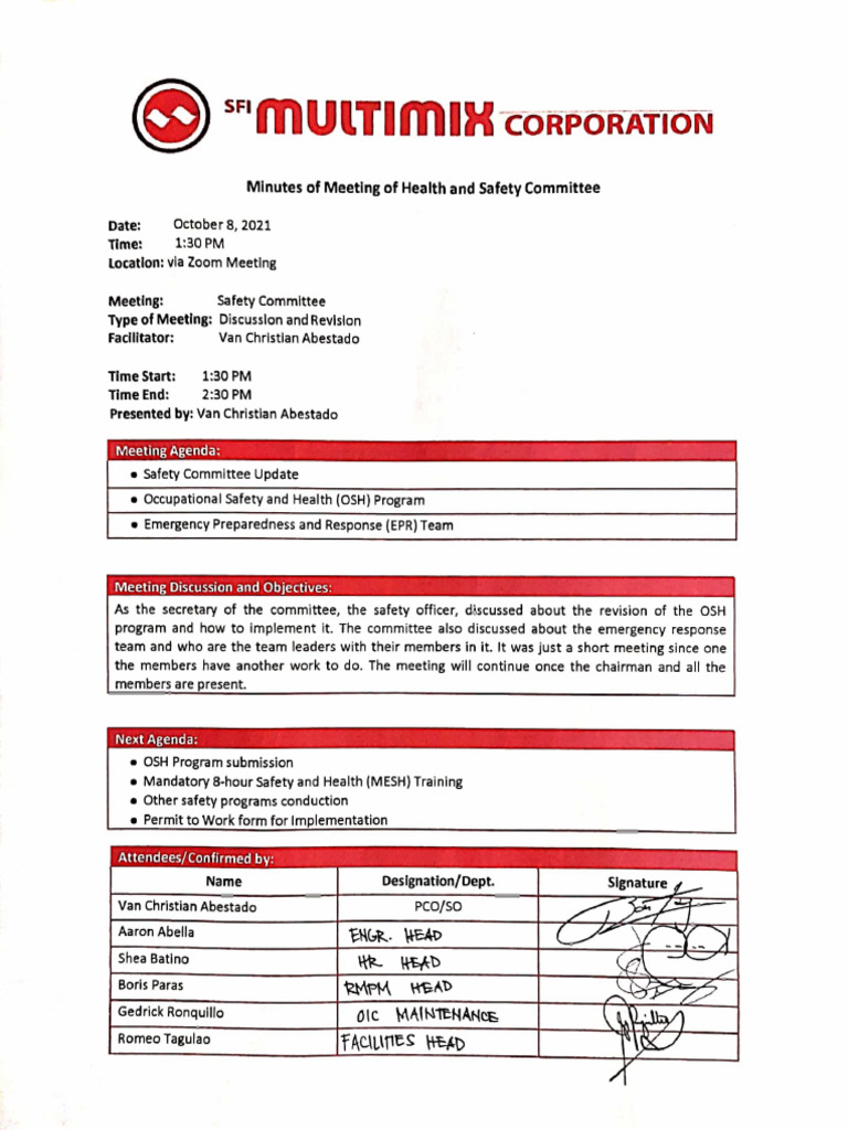Safety Minutes of Meeting.100821 SFIMM | PDF