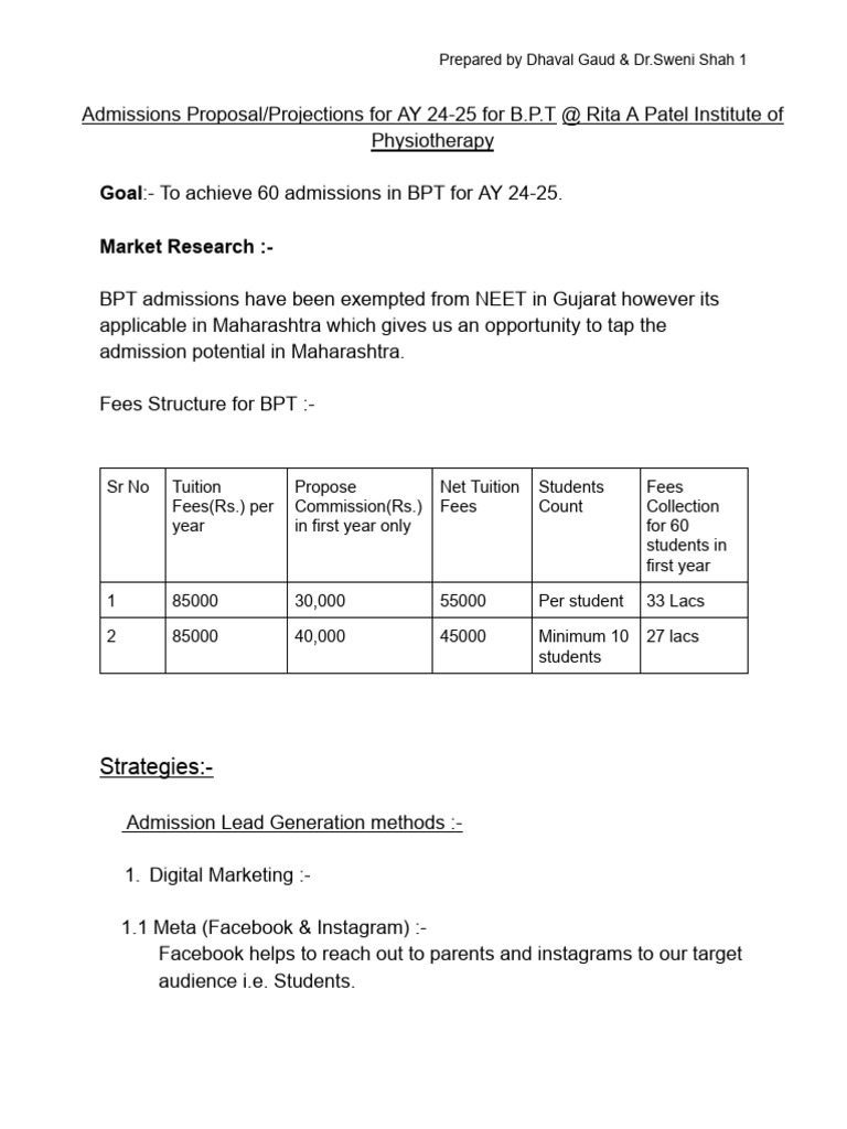 Admissions Proposal - Projections For AY 24-25 For BPT | PDF