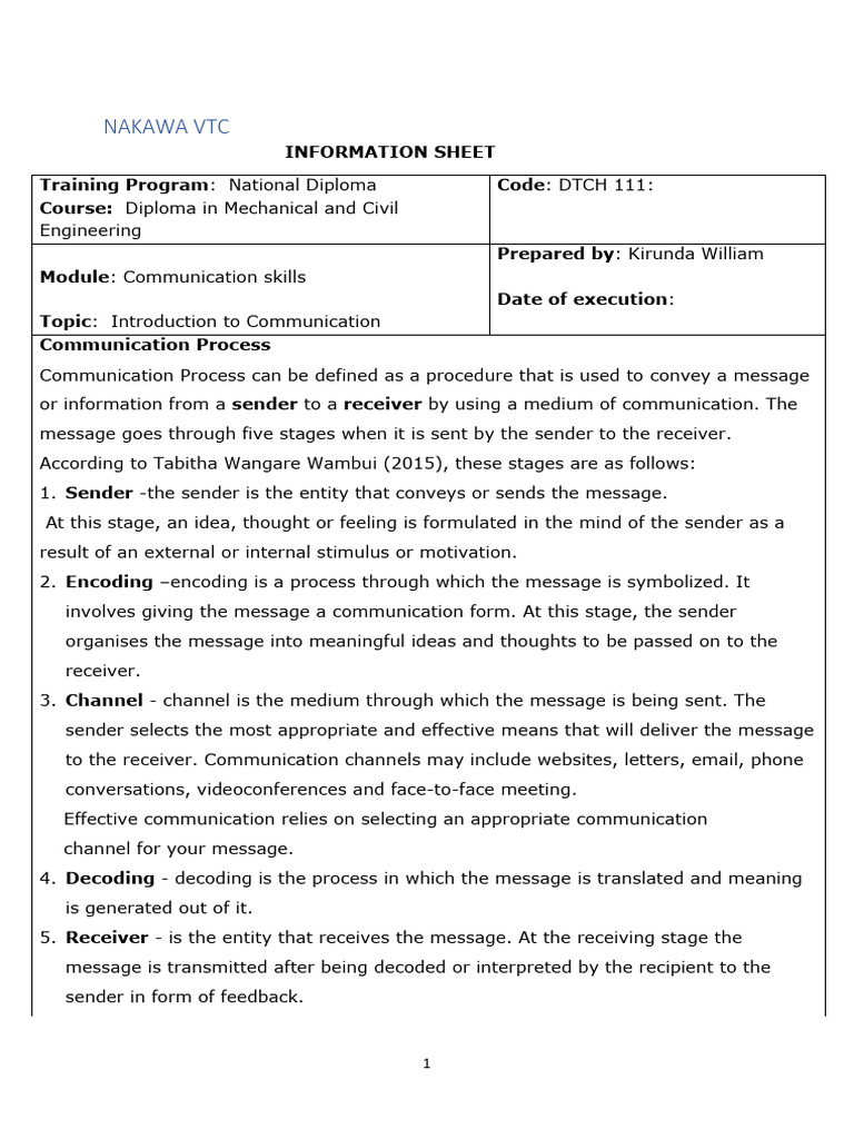 Communication Skills Introduction Information Sheet Diploma | PDF