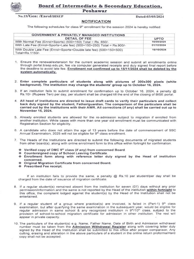 Notification - Online Enrollment (9th Class) 2024 | PDF