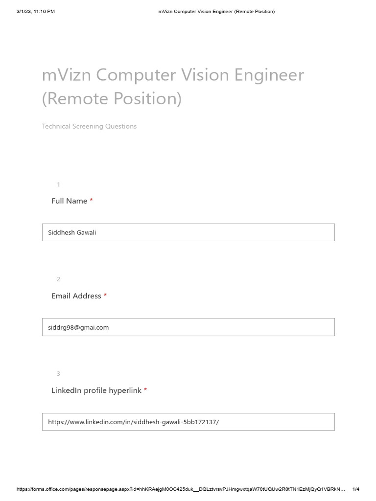 Mvizn Computer Vision Engineer (Remote Position) | PDF