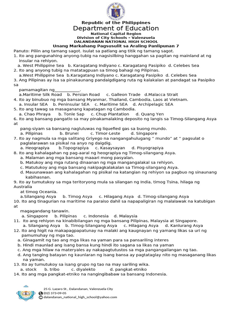 Unang Markahan Sa Araling Panlipunan 7 Matatag | PDF