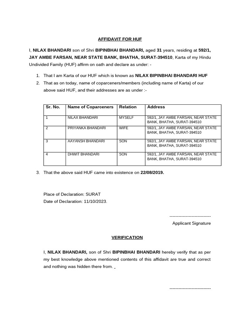 HUF PAN Card Affidavit Format | PDF | Politics