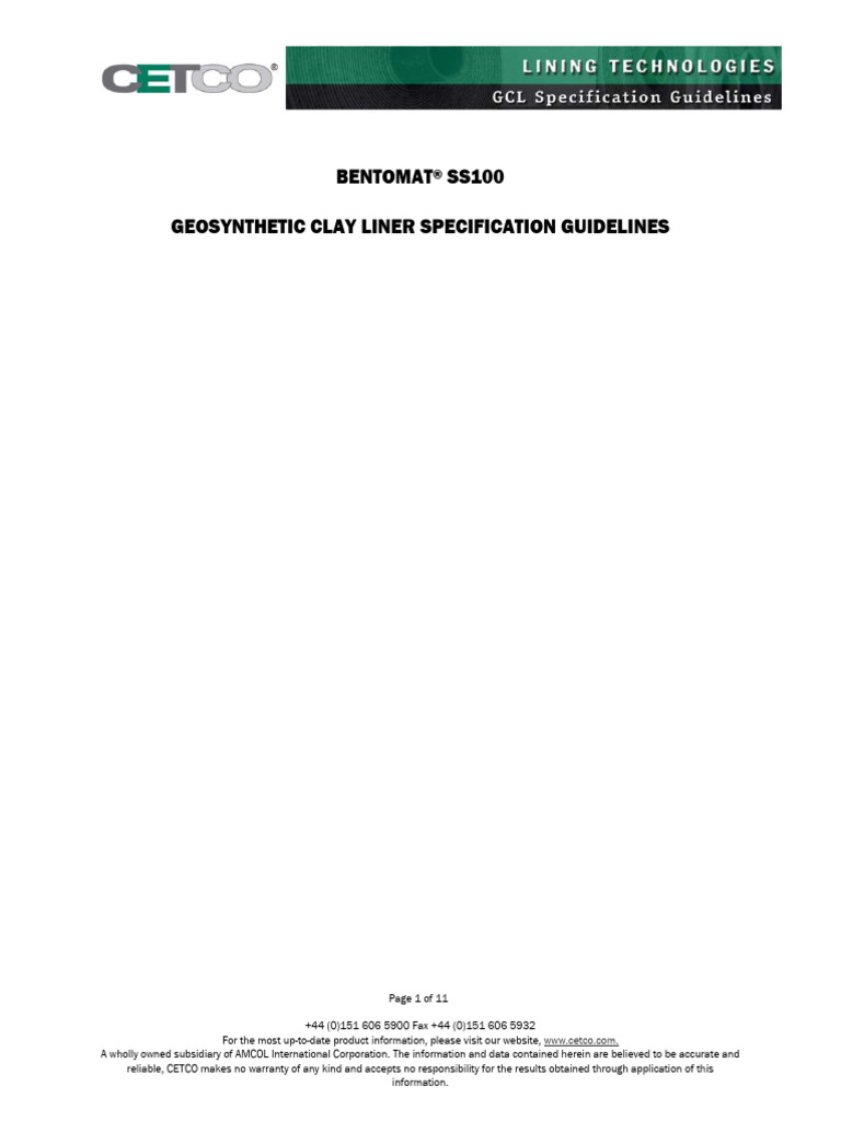 CETCO Bentomat-SS100 Specifications | PDF