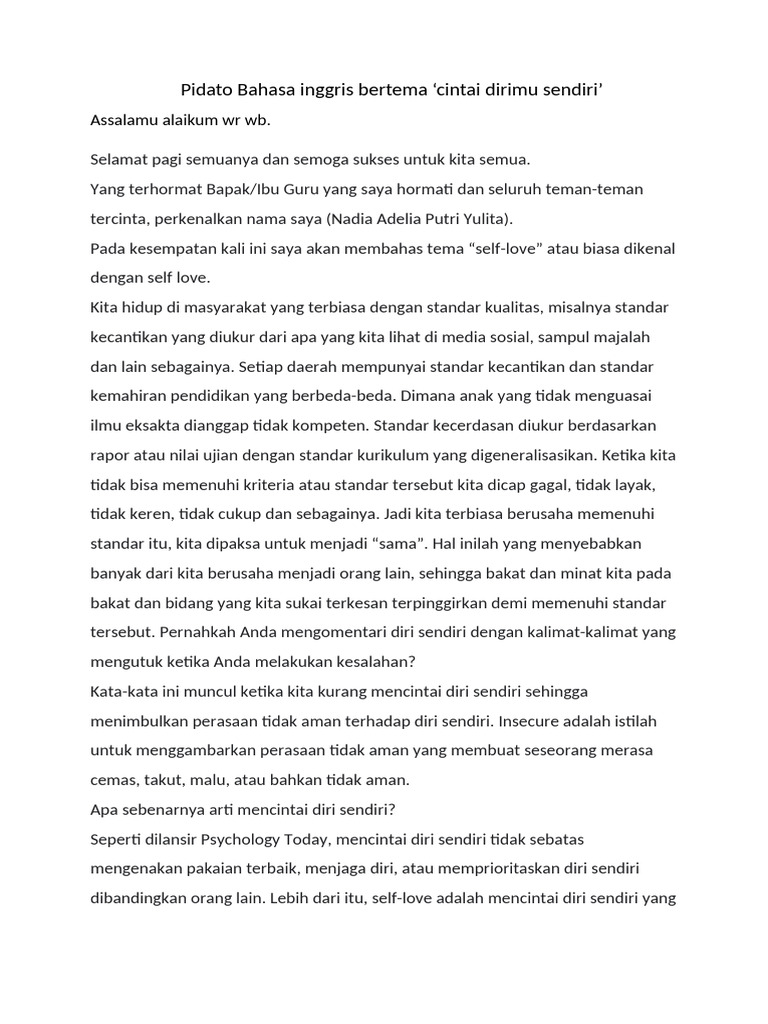 Arti Pidato Bahasa Inggris Bertema Love Youeself | PDF
