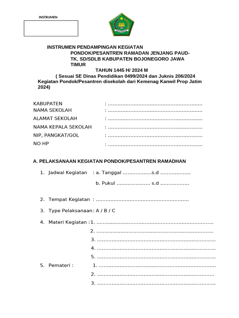 Instrumen Kegiatan Pondok Romadlon 1445 H2024 M | PDF