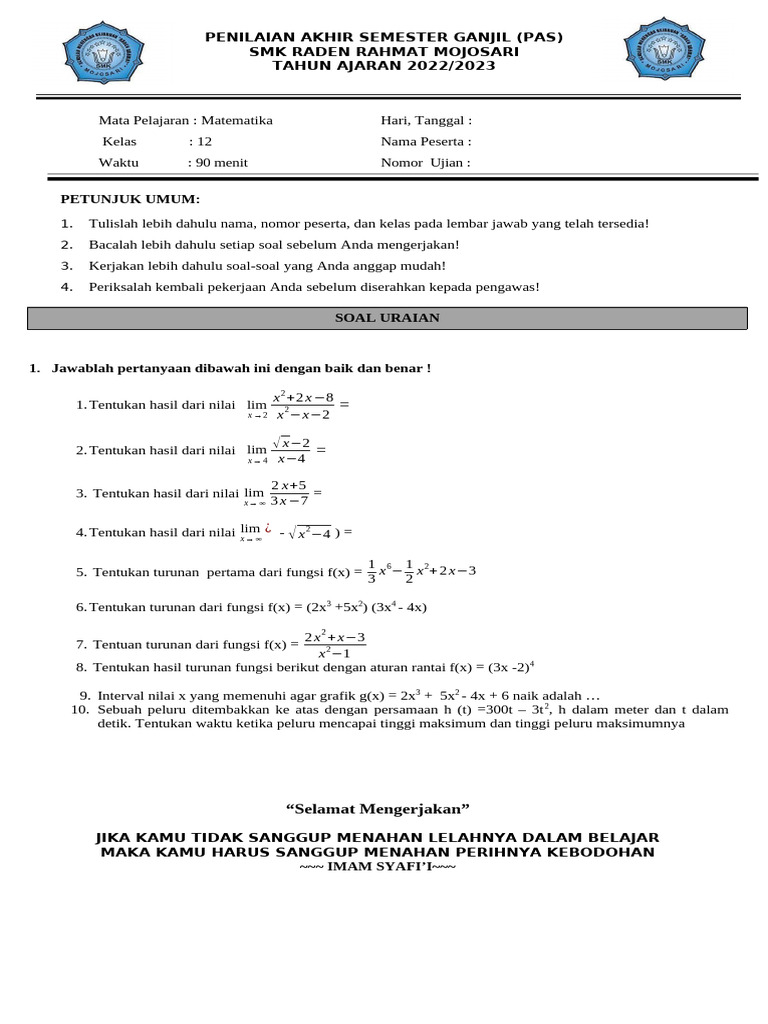 SOAL PAS GANJIL KELAS 12 | PDF
