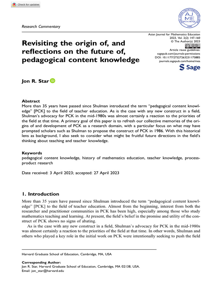 Star 2023 Revisiting The Origin of and Reflections On The Future of Pedagogical Content ...