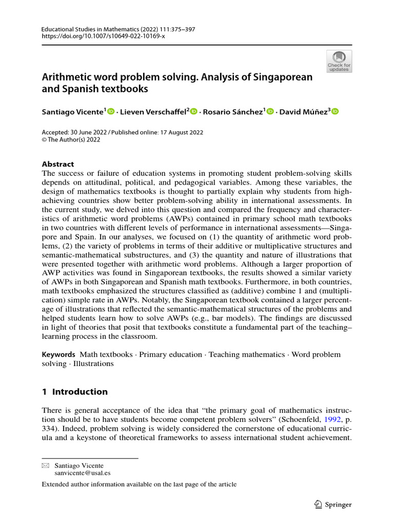 Santiago 2022 Arithmetic Word Problem Solving. Analysis of Singaporean ...