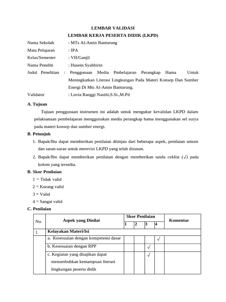 Validasi LKPD Ibu Luvia Ranggi Nastiti | PDF