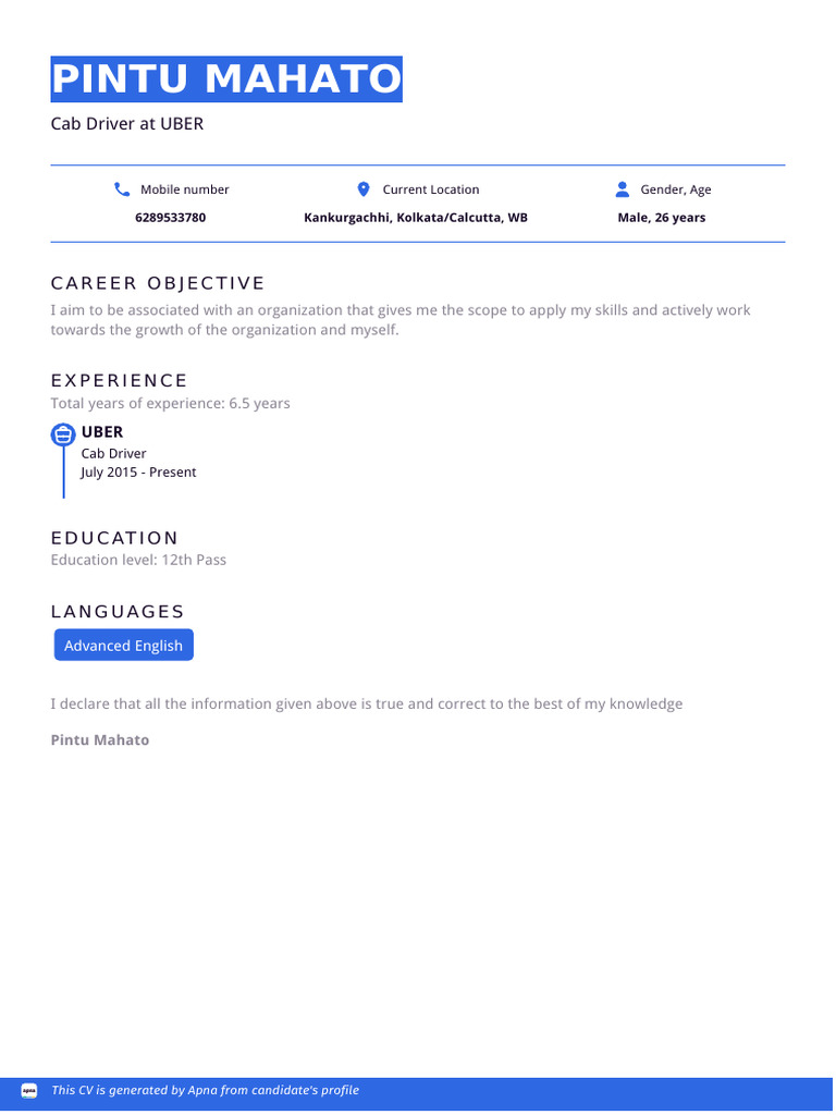 Pintu Mahato Resume Apna | PDF