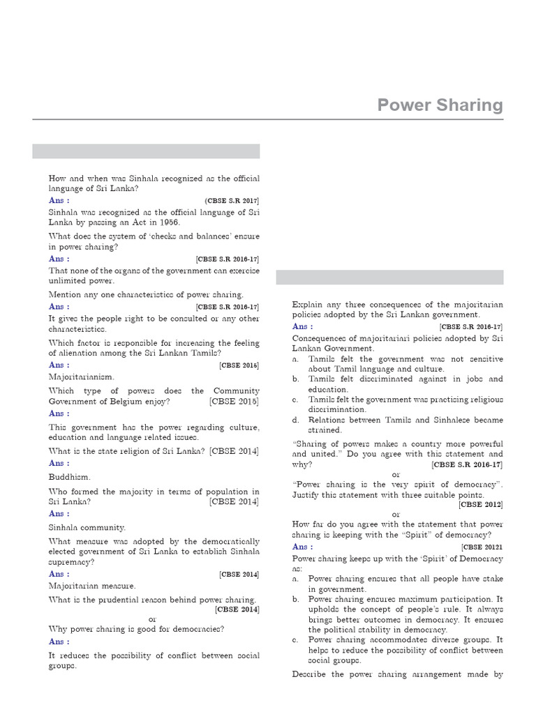 Power Sharing Class 10 PYQs | PDF