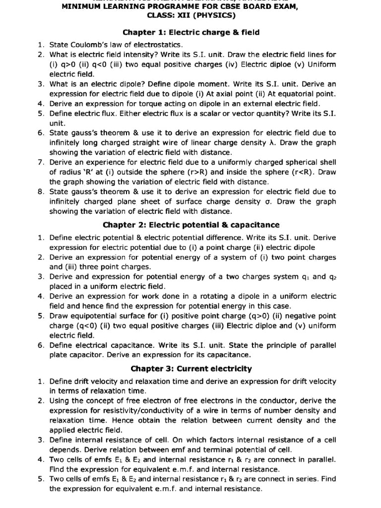 Minimum Learning 4 CBSE Board Exam (Physics) | PDF