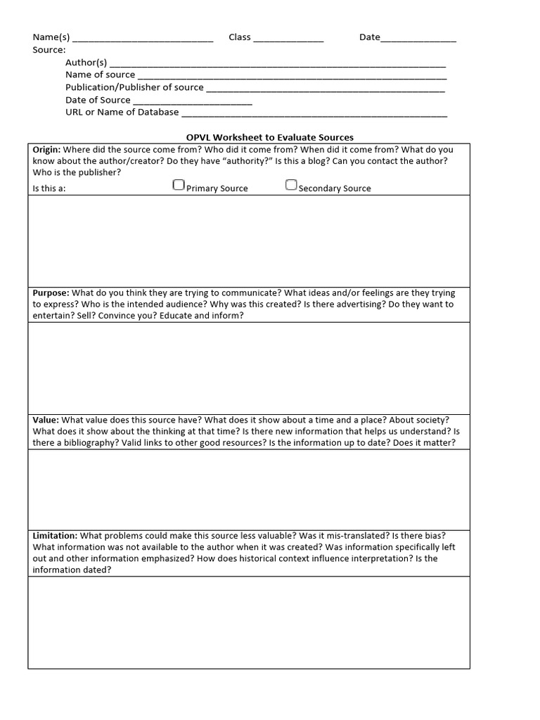 OPVL Worksheet | PDF