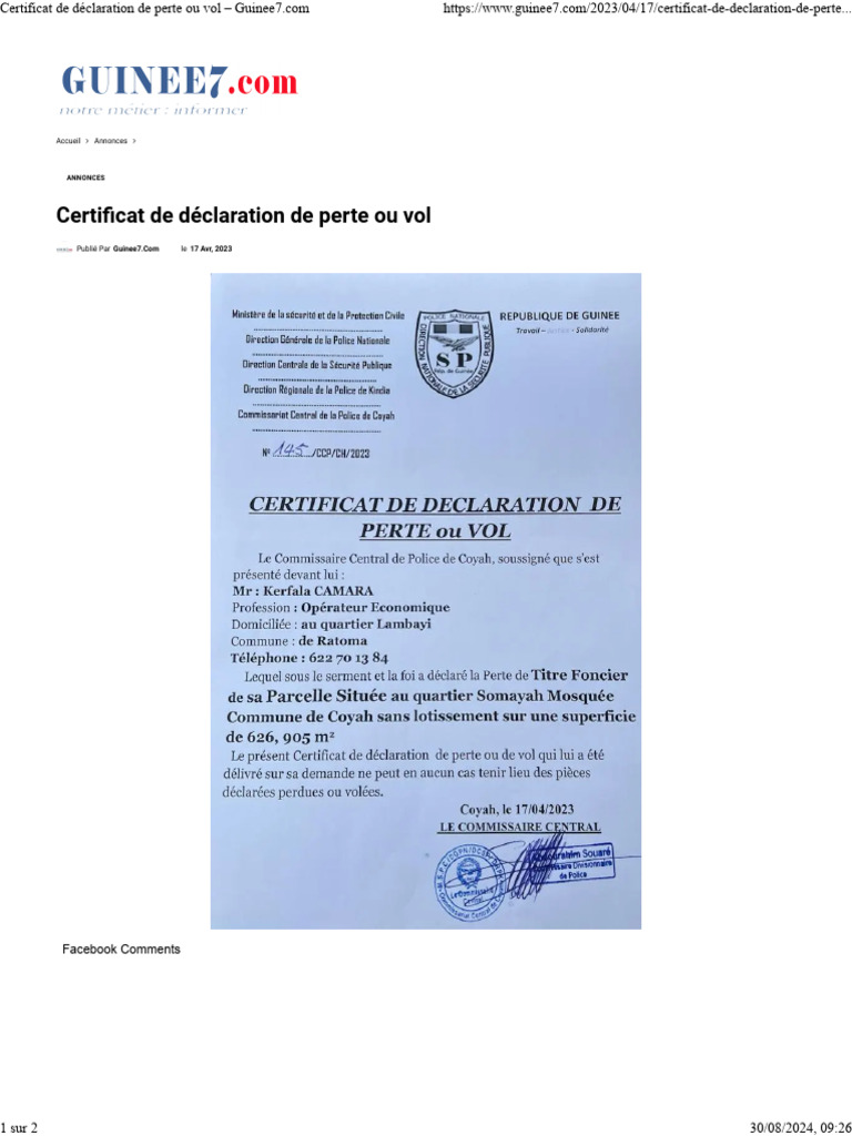 Certificat de Déclaration de Perte Ou Vol | PDF