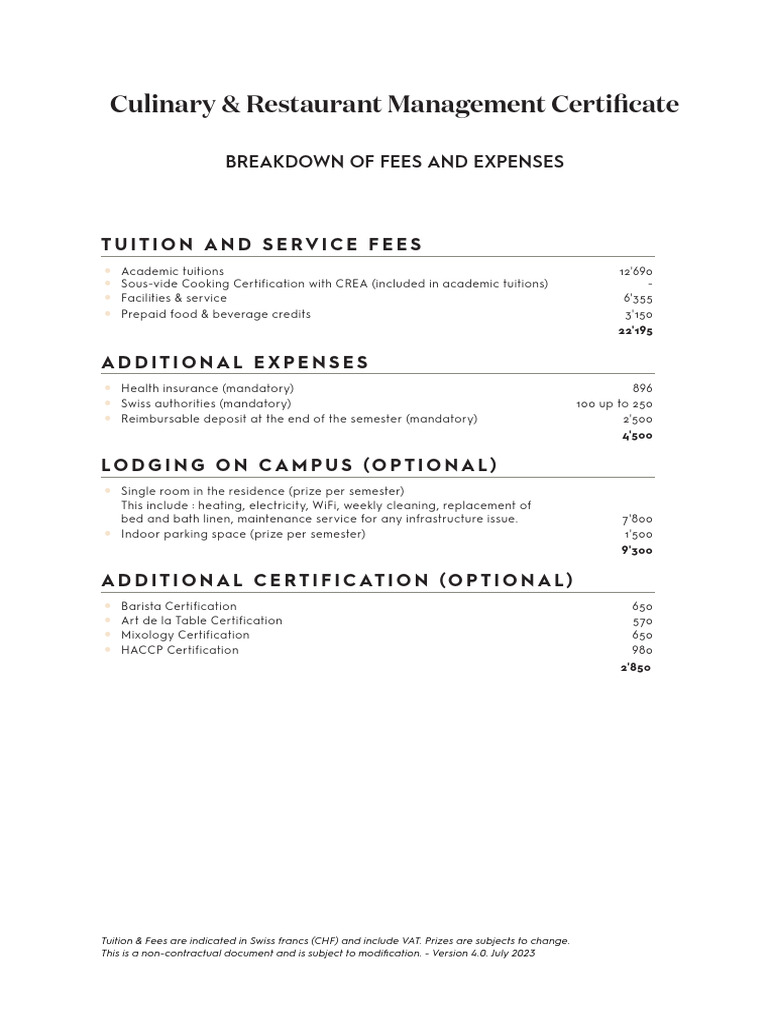 EHL-fees Culinary Restaurant Management Certificate | PDF