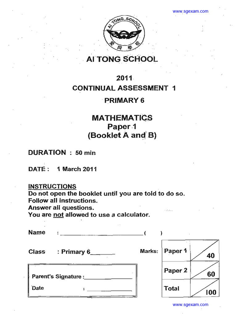 2011-P6-Maths-CA1-Ai Tong | PDF