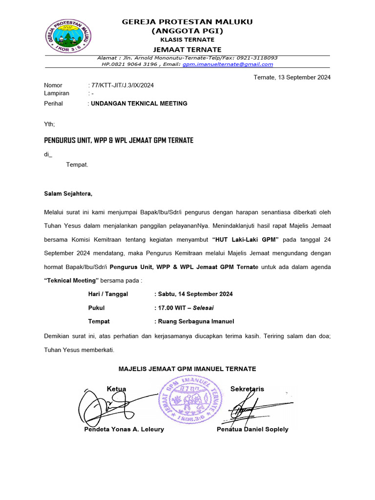 Undangan Teknical Meting Hut Laki-Laki GPM | PDF