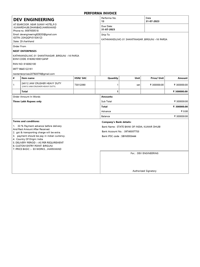 PERFORMA INVOICE - 13 - 31 - 07 - 23 New | PDF