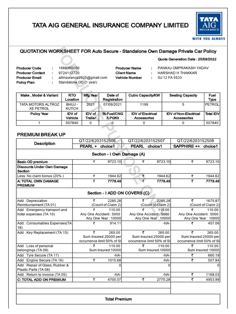 Tata AIG Motor Premium Quote - 3184 - QT - 22 - 6203152506 - QT - 22 - 6203152507 - QT - 22 ...