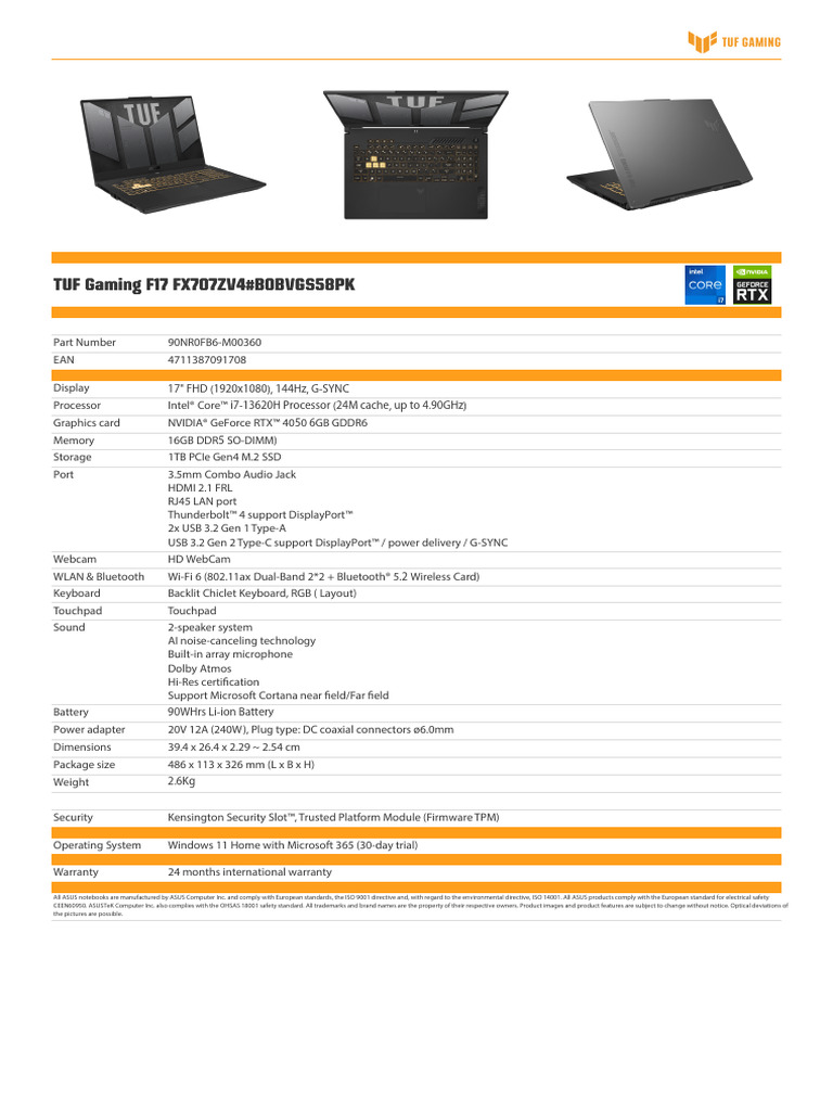 TUF Gaming F17 TUF Gaming F17 FX707ZV4#B0BVGS58PK FX707ZV4#B0BVGS58PK | PDF