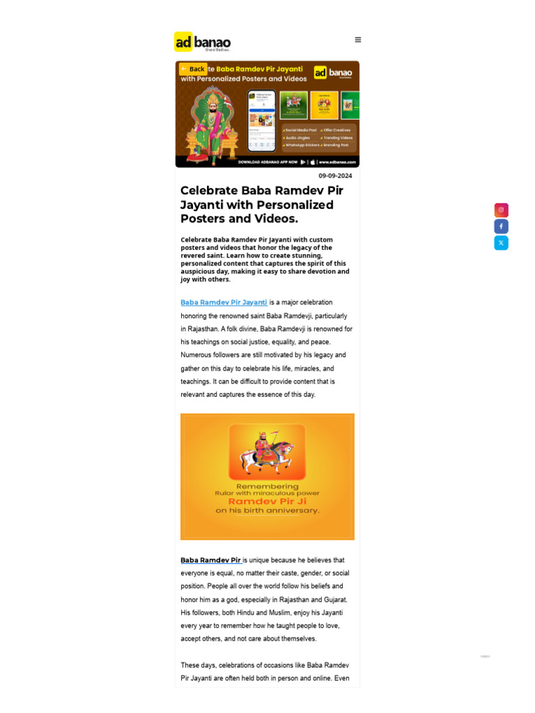 Celebrate Baba Ramdev Pir Jayanti With Personalized Posters and Videos. | PDF