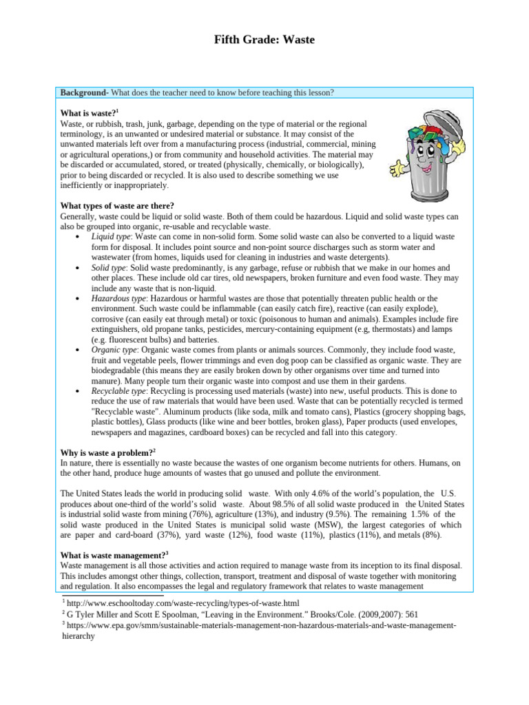 5th Grade Waste Lesson Plan (FINAL) | PDF | Waste Management | Science ...