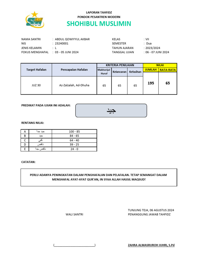 Contoh Rapot Tahfidz-1 | PDF