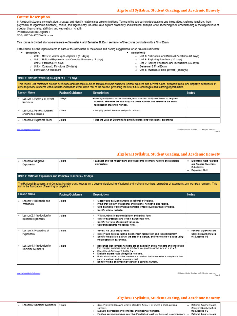 Algebra II Syllabus and Pacing Guide | PDF