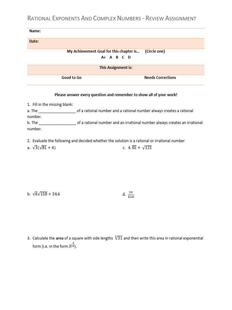 Rational Exponents and Complex Numbers - Review Assignment | PDF
