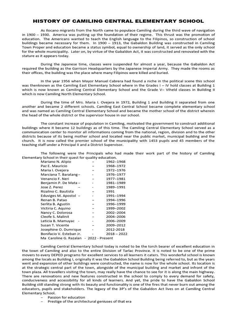 History of Camiling Central Elementary School | PDF