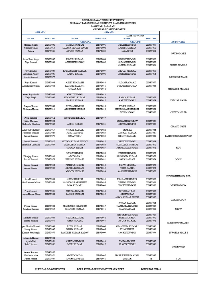 Faculty Time Table - CLINICAL DUTY ROSTER | PDF
