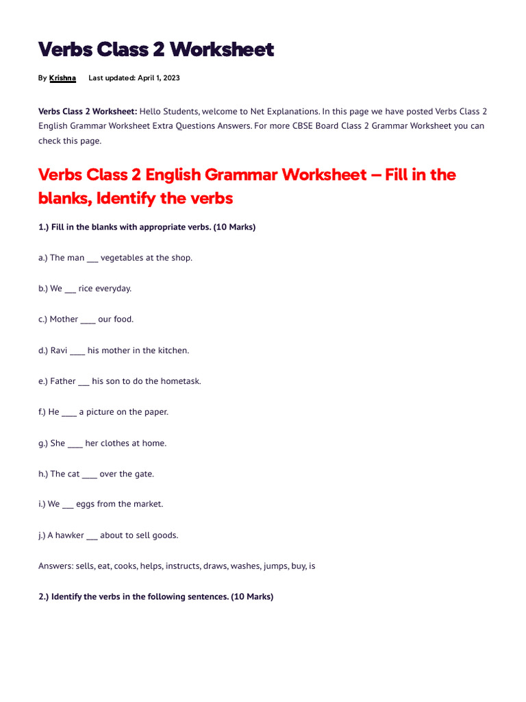 Verbs Class 2 Worksheet_ English Grammar Fill in the blanks, Identify ...
