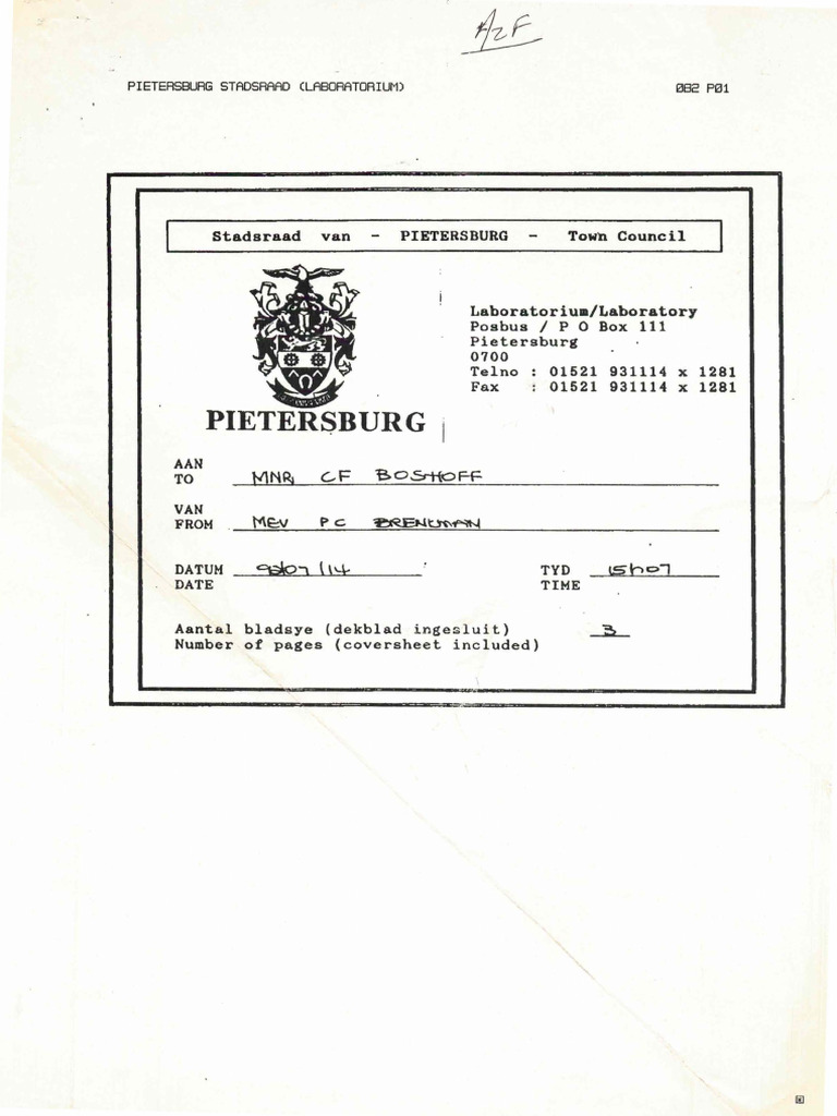Anon 1992 Pietersburg Munisipaliteit Laboratorium Ontledingsverslag | PDF