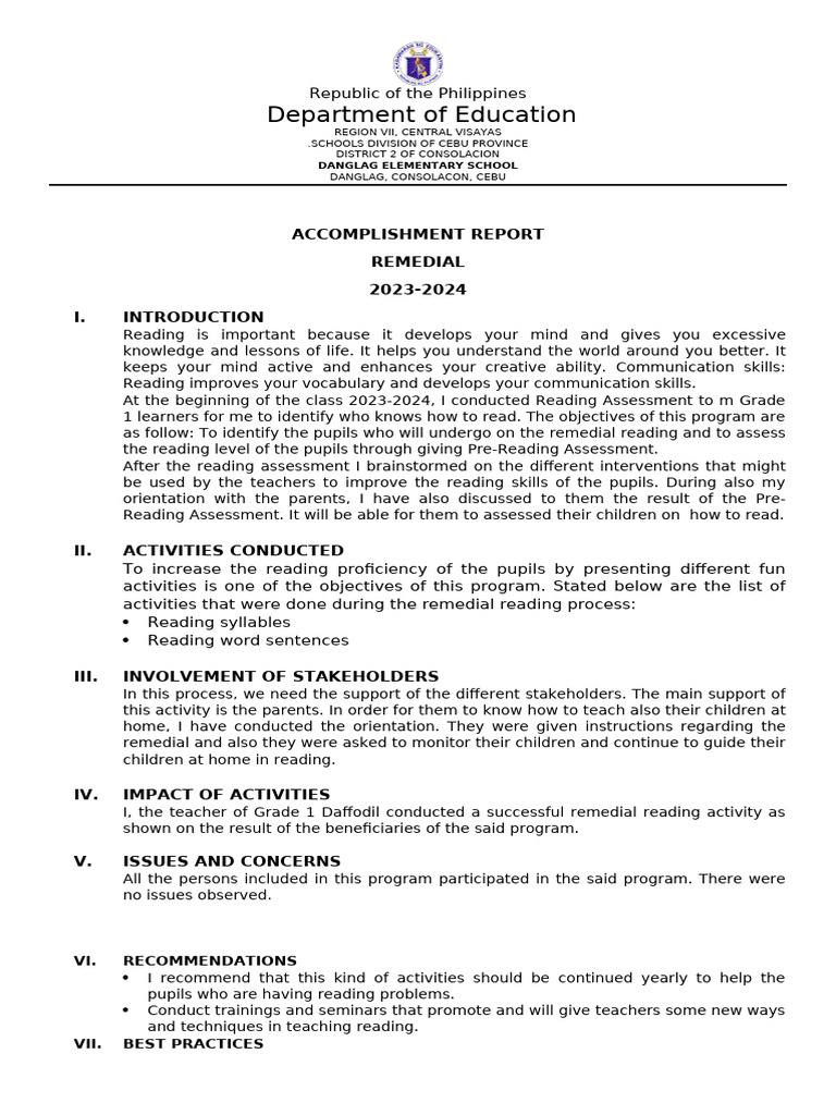 ACCOMPLISHMENT REPORT Remedial | PDF