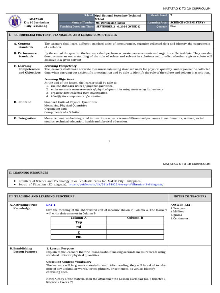 DLL Matatag - Science 7 Q1 W6 | PDF