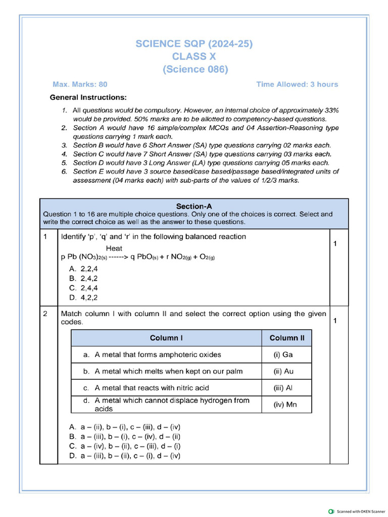 Science Sample Question Paper 2024-25 | PDF