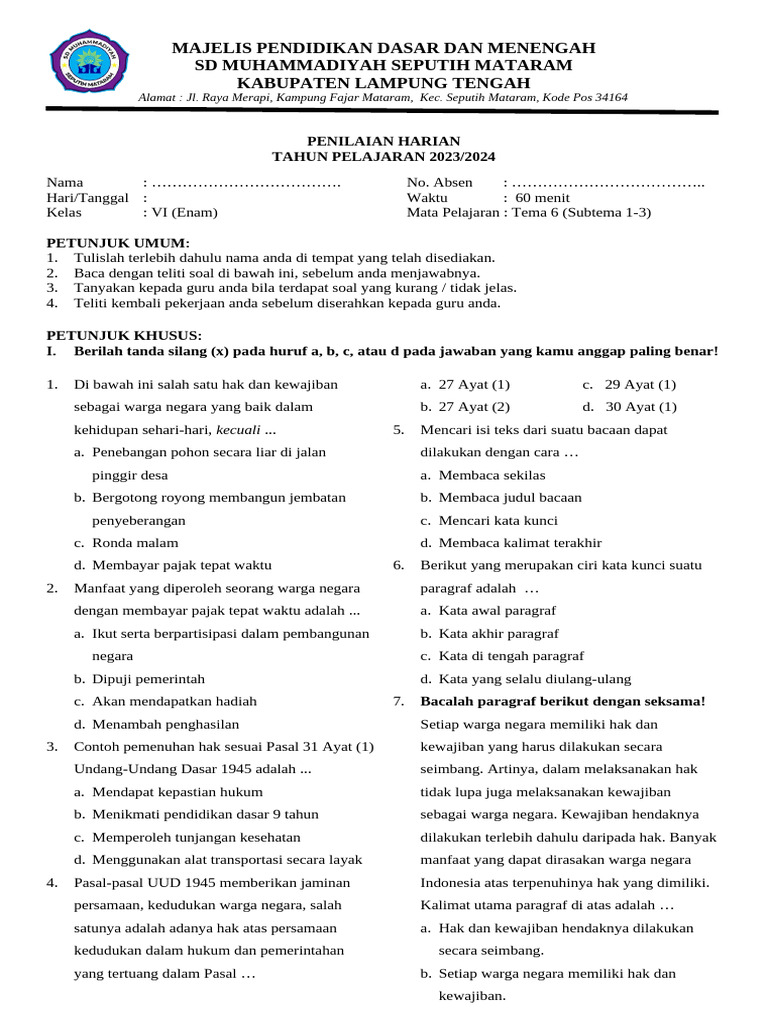 Soal UH Tema 6 Kelas 6 2023-2024 | PDF