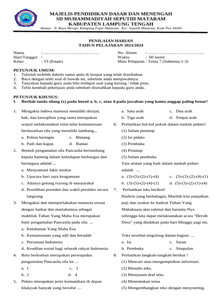 Soal UH Tema 7 Kelas 6 2023-2024 | PDF