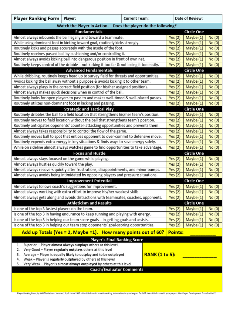 Wills Youth-Soccer PLAYER RANKING FORM v2.0 | PDF