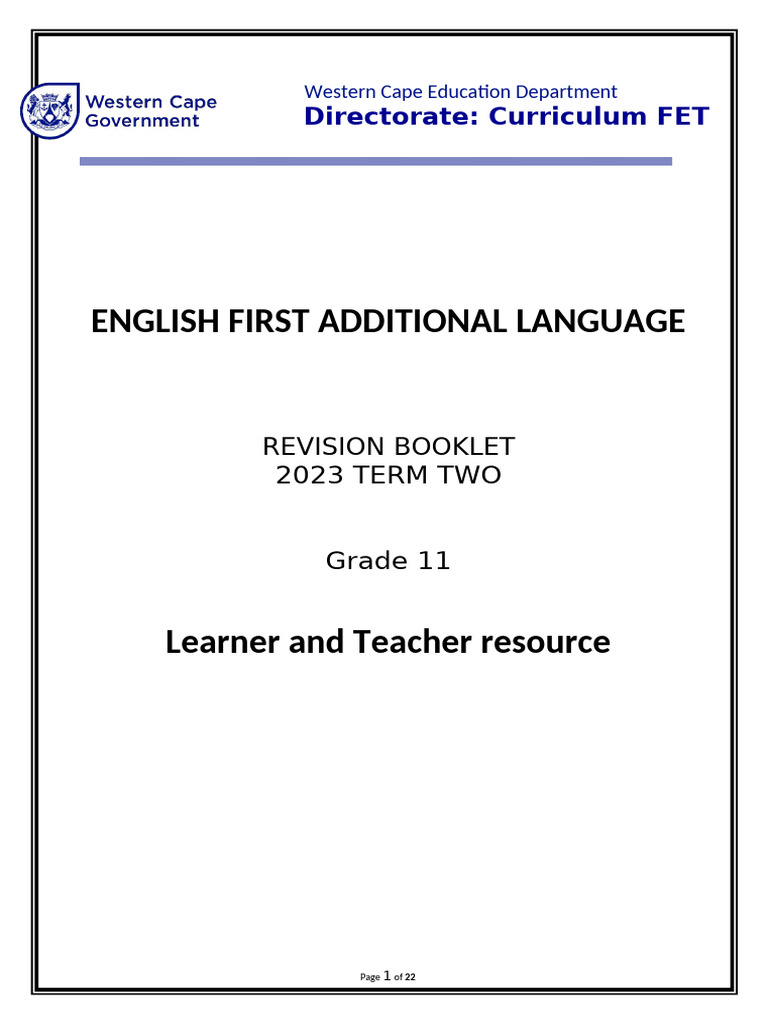 English FAL Grade 11 Revision Term 2 - 2023 | PDF